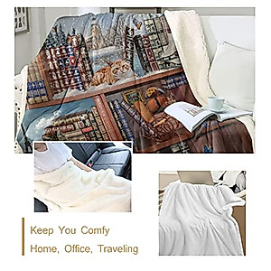 Sleepwish Cat in The Bookshelf Blanket Vintage Animal Pet Pattern Blanket Kitten Gifts for Cat Lovers Sherpa Fleece Throw Blankets Gifts for Cat Lovers Librarian Book Lover Gifts Twin(60"x80")