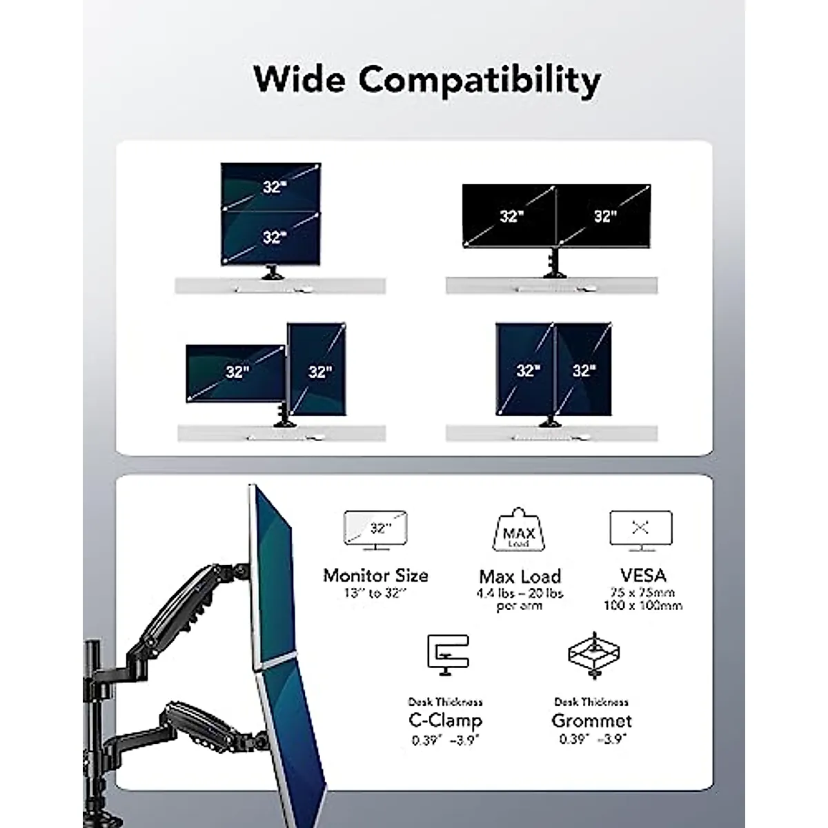 HUANUO 13-32 Inch Dual Monitor Stand, Gas Spring Dual Monitor Mount ...