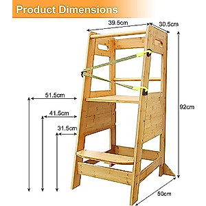 XiaZ Kids Kitchen Step Stool, Bamboo Toddler Standing Tower Height Adjustable Wood Helper Tower with Safety Belt for Kids Kitchen Learning Counter Bathroom Sink