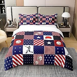 Castle Fairy Baseball Theme 100% Cotton Duvet Cover,Red Blue Geometric Stripe Check Breathable Comforter Cover,American Flag Stars Pattern Bedding Set 3 Pcs with Zipper Closure Queen Size