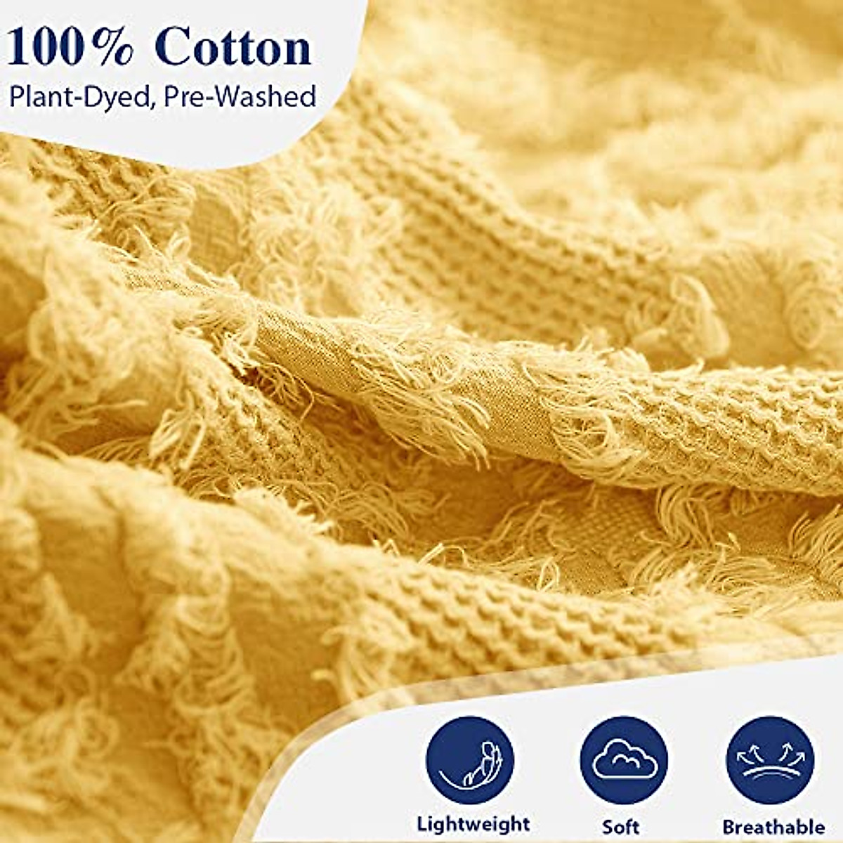 Simple&Opulence 100% Cotton Throw Blanket for Bed, Couch, Boho Textured Geometric Knit Woven Blanket with Tassels Soft, Lightweight Breathable Shabby Chic Farmhouse Decoration for All-Season(Yellow)