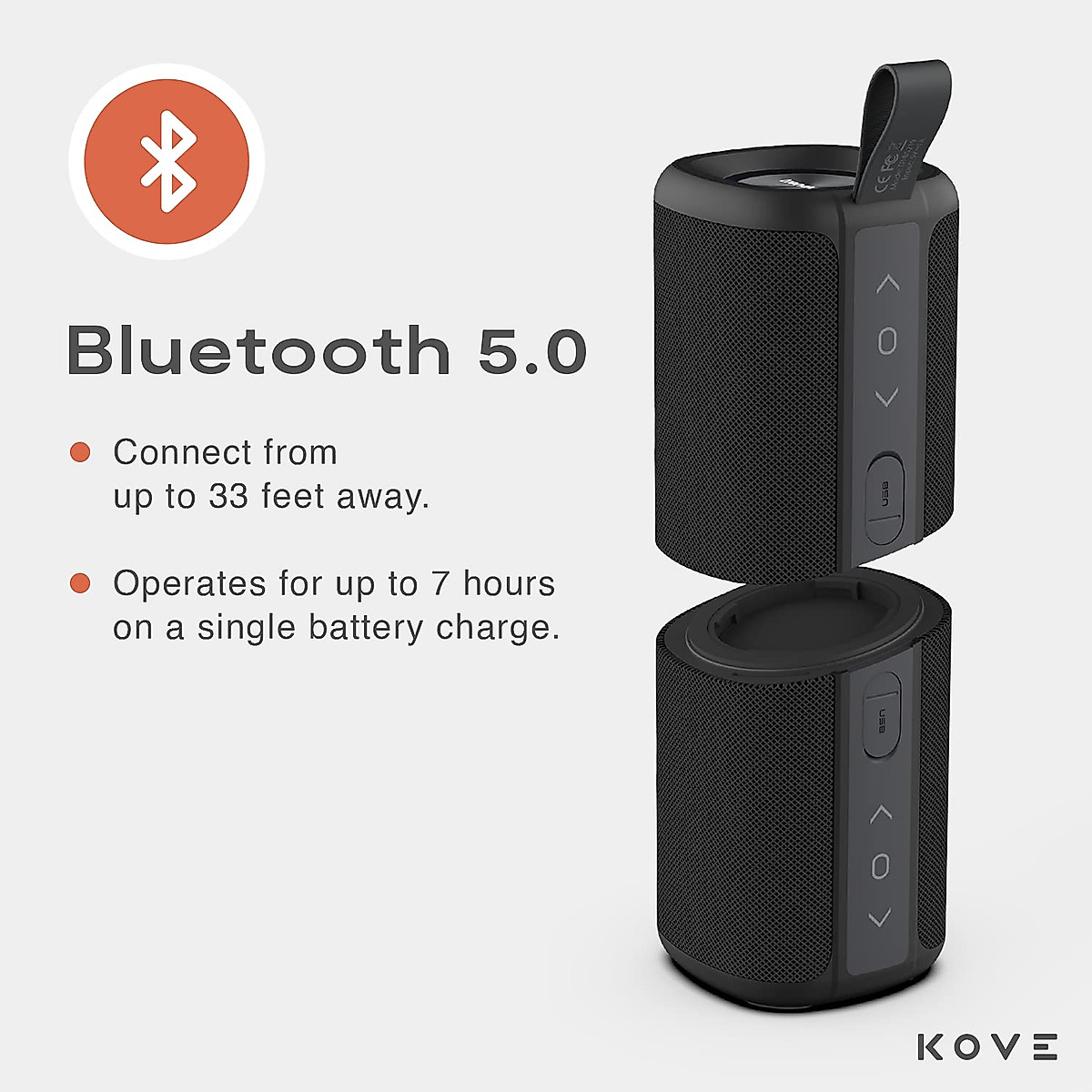KOVE Commuter 2 - Black Bluetooth Speakers, Portable, Wireless with HD Louder Volume, Deep Bass Subwoofer, Microphone, IPX7 Water Resistant - Perfect Boom Box for Home, Outdoor or Travel