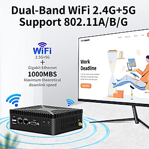 Kinupute Industrial Mini PC, Fanless Desktop Computer Celeron J1900 2.0-2.42GHz, Windows 10 Pro, 8GB RAM, 256GB SSD, 2xNICs, 2xCOM, HDMI/VGA Port, 2.4G+5G WiFi for Industry Office HTPC, Support Linux
