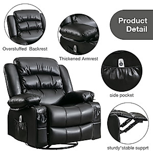 Massage Swivel Rocker Recliner Chair with Vibration Massage and Heat Ergonomic Lounge Chair for Living Room with Rocking Function and Side Pocket 2 Cup Holders USB Charge Port (Black)