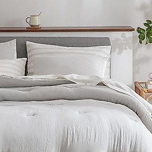 SHALALA Light Grey Cotton Gauze Lightweight Comforter Bedding Sets, Light Grey Comforters for King Bed, 7pcs Soft Warm Bed Sets with Comforter Set and Gray Striped Sheet Sets