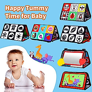 Baby Tummy Time Toys 0-6 6-12 Months Newborn Infant Mirror Toys with Sensory Crinkle Books and Teethers, Black and White High Contrast Baby Toys, Montessori Crawling Toys for Boys Girls 0 3 6 12 Month