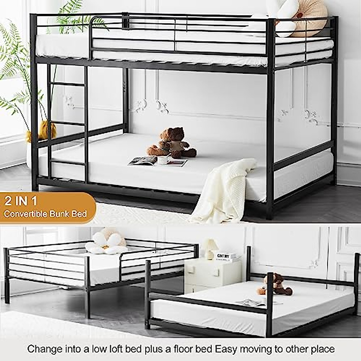 VINGLI Full Over Full Bunk Bed, Low Bunk Bed for Kids Floor Bed Full Size Bunk Bed for Adults,Heavy Duty Metal Slat, No Box Spring Needed, Black