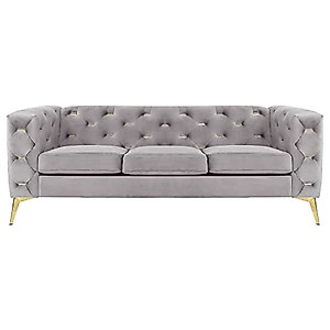 AVZEAR Large Sofa, Mid Century Modern 3 Seater Sofa 84'' Velvet Upholstered 3-Seater Living Room Sofa with Button and Copper Nail on Arms and Back for Living Room Bedroom Small Apartment Office, Grey
