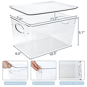 FORUP Plastic Clear Storage Bins with Lids, Kitchen Pantry Organization, Fridge Organizer, Stackable Food Storage Bin, 4 Pack