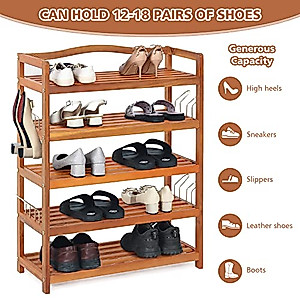 Giantex 5-Tier Shoe Rack, Acacia Wood Shoe Shelf with Side Metal Hooks, Holds up 12-18 Pairs, Shoe Organizer, Shoe Storage, Wooden Shoe Rack for Entryway, 25’’Lx10.5’’Wx32.5’’H