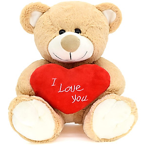 I Love You! 10'' Teddy Bear with Red Heart, Soft Plush Bear Doll Stuffed Animal Toys Valentines Day Decor Gifts for Her/Girlfriend Lover Mom Kids (Light Brown)