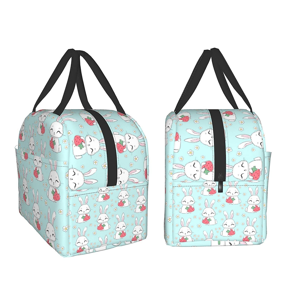 Ucsaxue Cute Bunny With Strawberry And Flowers Lunch Box Reusable Lunch Bag Work Bento Cooler Reusable Tote Picnic Boxes Insulated Container Shopping Bags For Adult Women Men