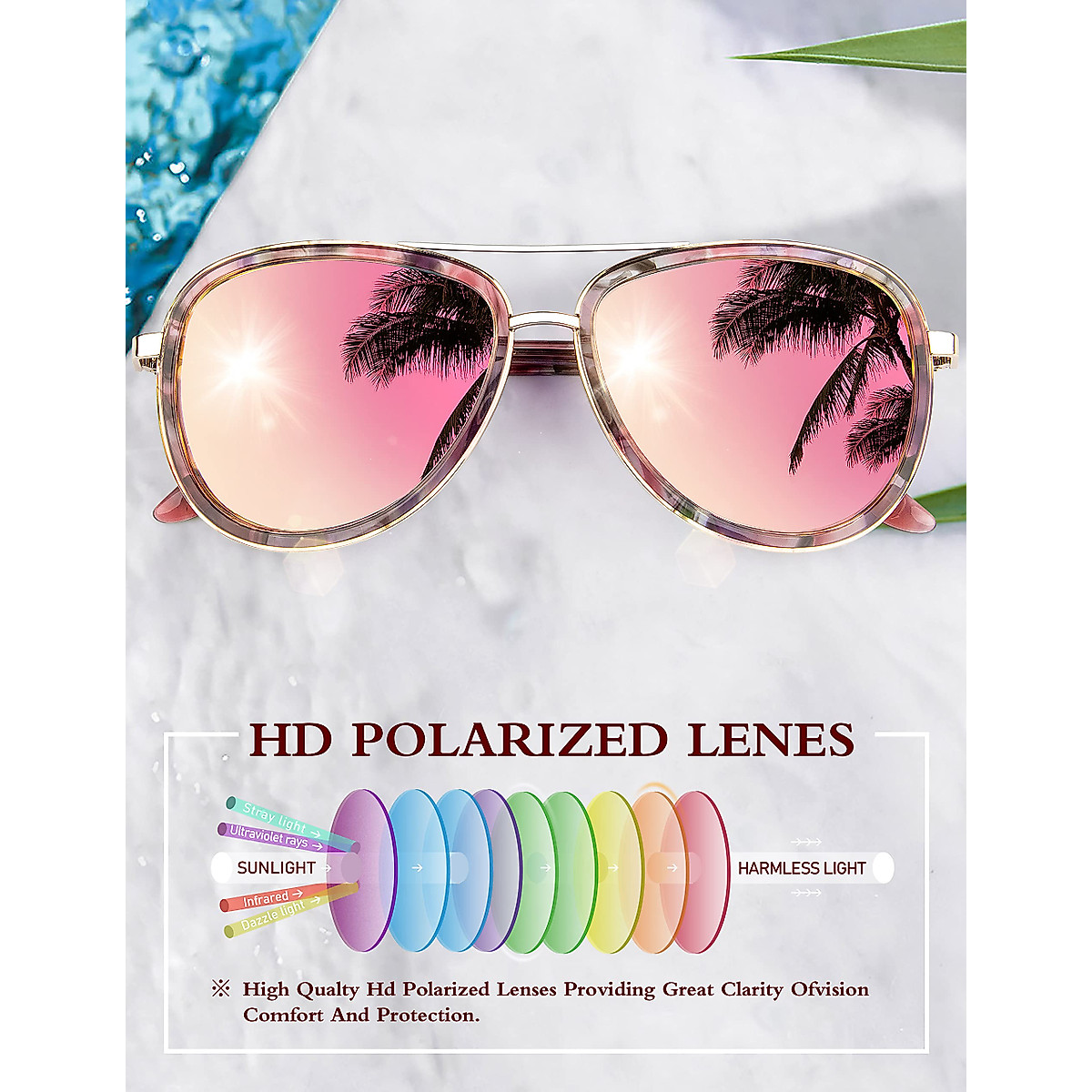 BIRCEN Polarized Sunglasses for Women UV - Protection Womens Retro Mirrored Pink Aviator Shades with Acetate Frame BC2001