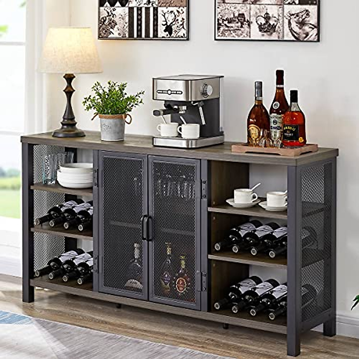 FATORRI Industrial Wine Bar Cabinet for Liquor and Glasses, Farmhouse Metal Sideboard & Wood Coffee/Buffet Cabinet with Wine Rack (55 Inch, Walnut Brown)