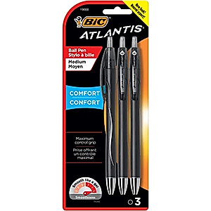 BIC Atlantis Comfort Retractable Ballpoint Pen, Medium Point (1.0mm), Black, Comfortable Grip For Added Control, 3-Count