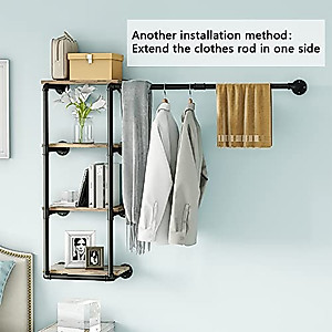 Wall Mounted Pipe Clothing Rack with Shelves, Industrial Clothes Rack with 4 Tier Closet Bar Heavy Duty Iron Garment Rack, Retail Display Clothes Rod for Hanging Clothes,Laundry Room (Black)