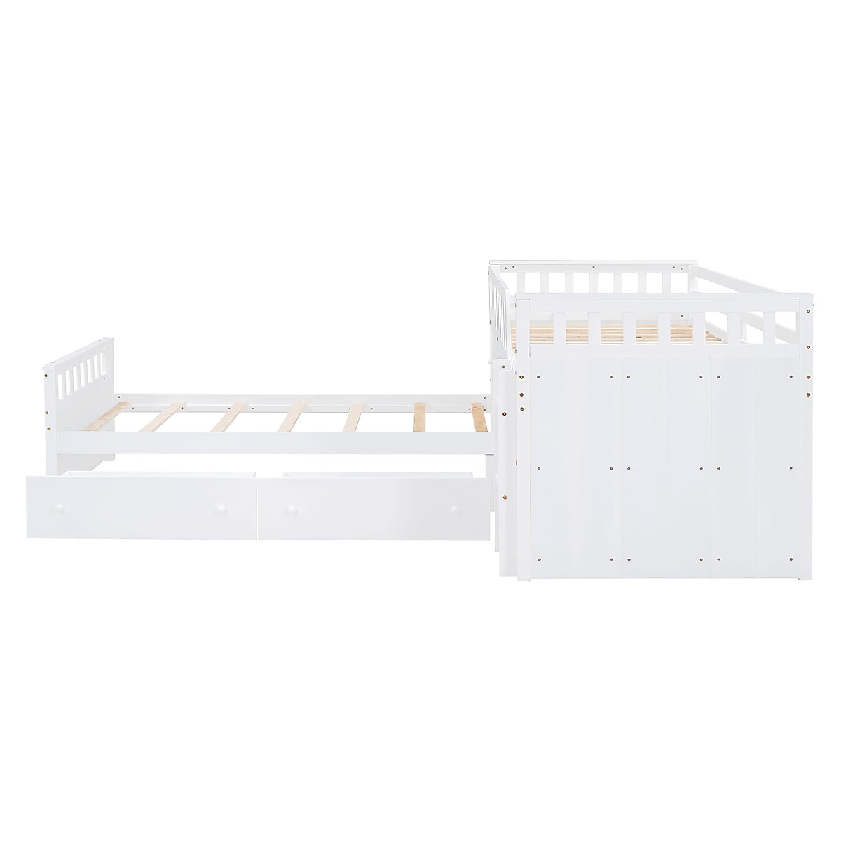 MERITLINE Twin Size Low Loft Bed and Twin Platform Bed Set, Solid Wood L-Shaped Kids Beds Frame with 7 Storage Drawers and Full Guardrails, Space-Saving 2 Beds for Girls Boys,White