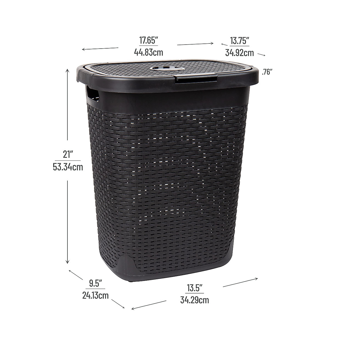 Mind Reader 50L Slim Laundry Hamper, Set of 2, Clothes Basket, Lid, Wicker Design, Plastic, 17.65"L x 13.75"W x 21"H, Black