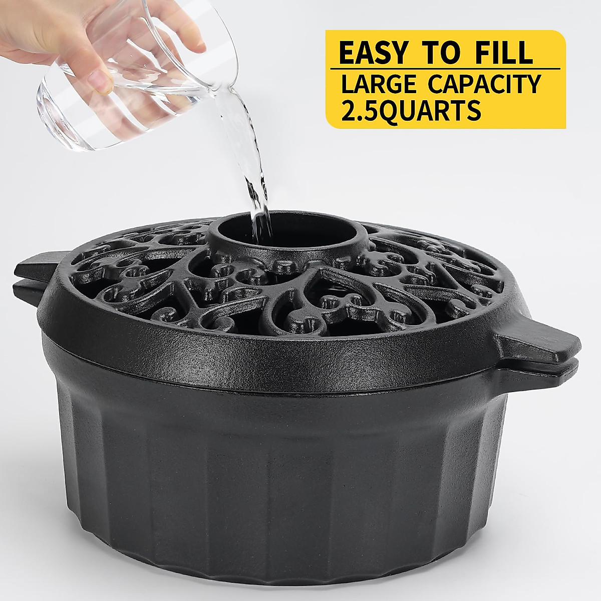 1MORE Wood Stove Steamer- Wood Stove Humidifier Cast Iron with Porcelain Enamel Coating, Fireplace Steamer Pot, Rust Resistant, Home Indoor Decorative, 2.5 Quart Capacity,Black