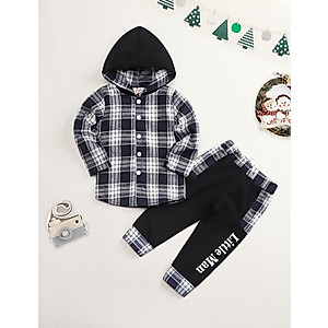 Axumity Toddler Boy Clothes Hoodie Sweatsuit Outfits Kids Flannel Plaid Shirt Top Colorblock Pants Set for Fall Winter Spring(3-4t)