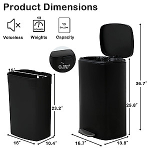 50L Stainless Steel Kitchen Trash Can with Lid, Foot Pedal, Plastic Bucket, Soft Close Lid, Fingerprint Resistant, Odor Proof, Black