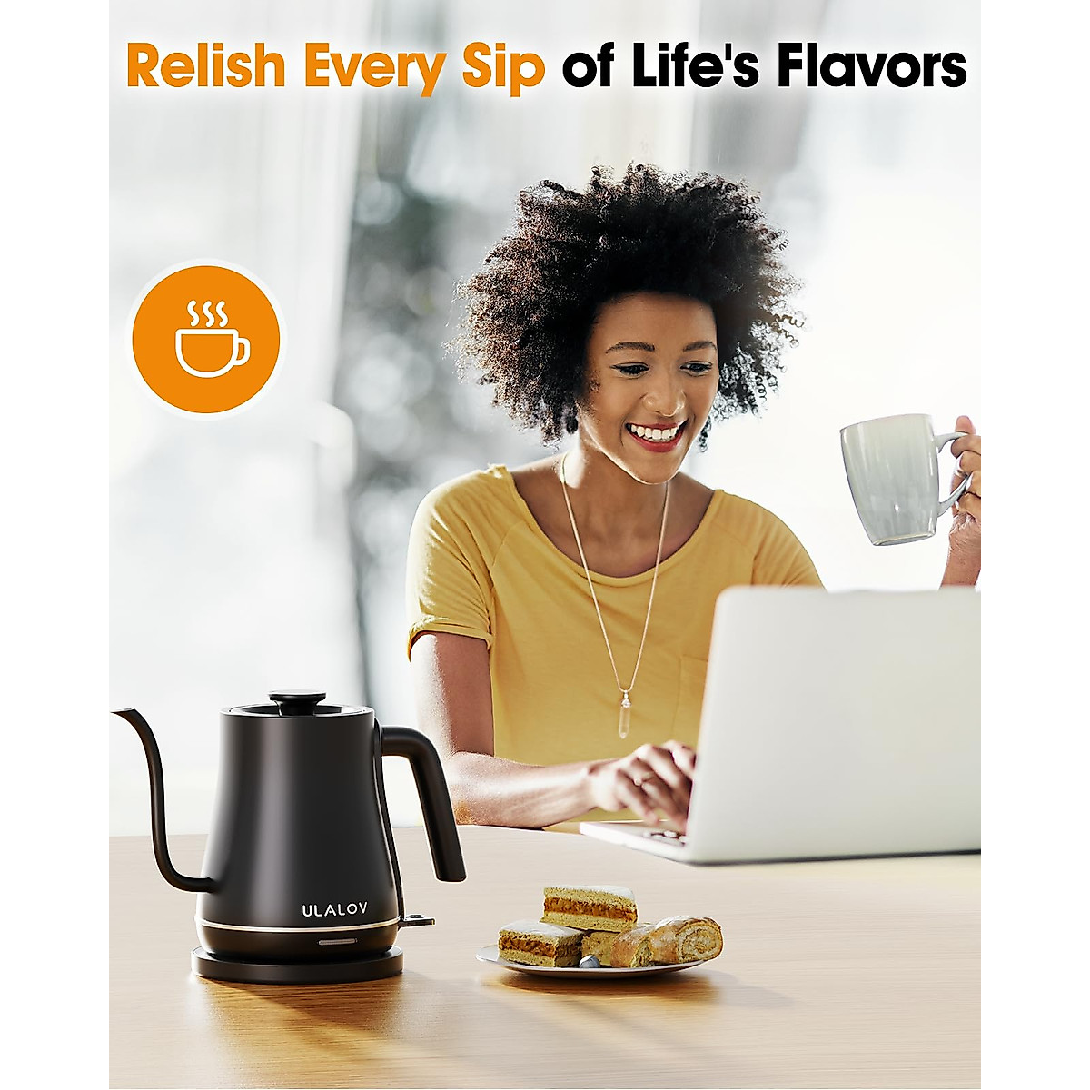 Ulalov Electric Gooseneck Kettle Ultra Fast Boiling Hot Water Kettle 100% Stainless Steel for Pour-over Coffee & Tea, Leak-Proof Design, Auto Shutoff Anti-dry Protection, 1200W-0.8L, Matte Black