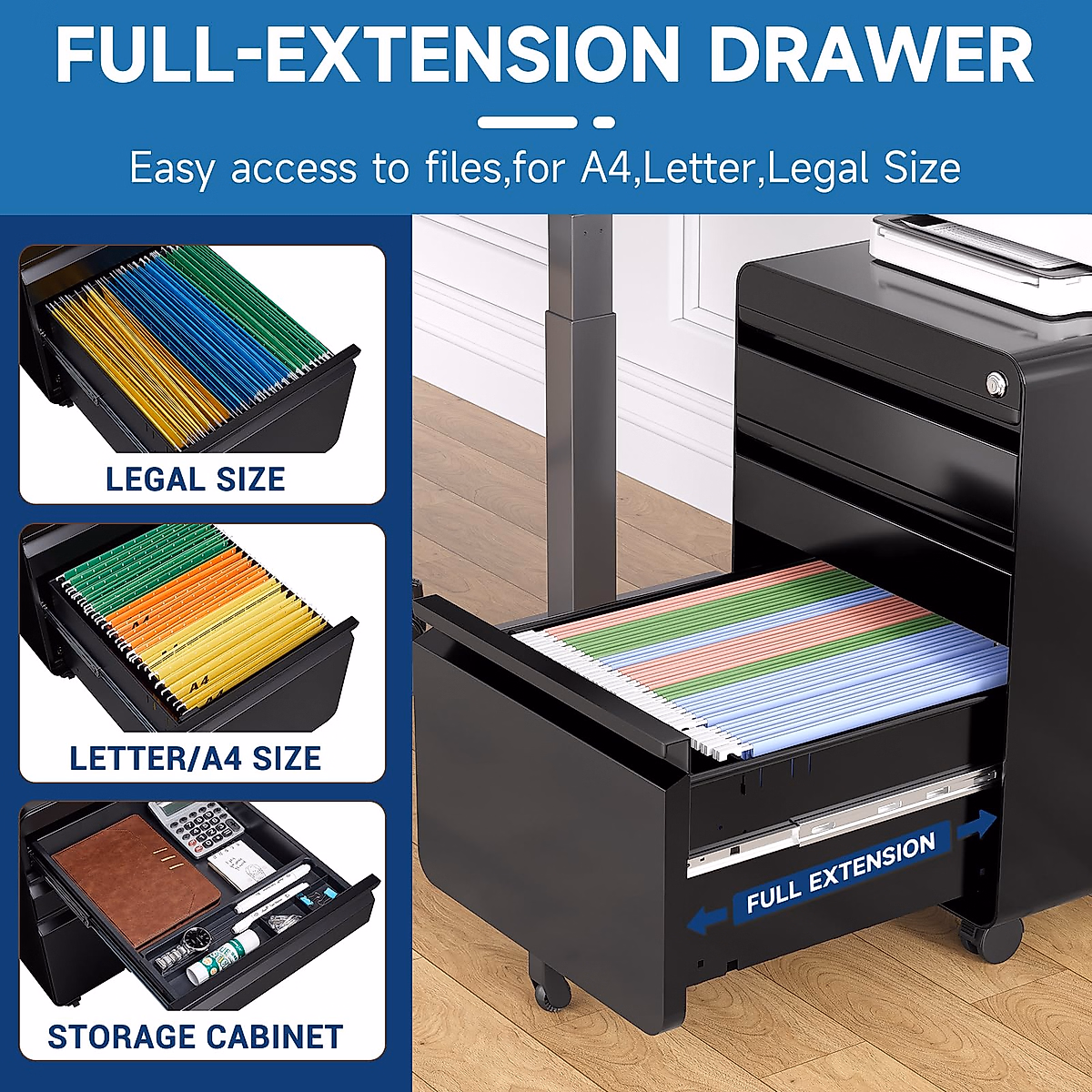 AFAIF 3 Drawer Mobile Locking File Cabinet,Metal Filing Cabinets for Home Office,Small Rolling File Cabinet Under Desk Office Drawer Storage Cabinet fits Letter/Legal/A4 Size,Black