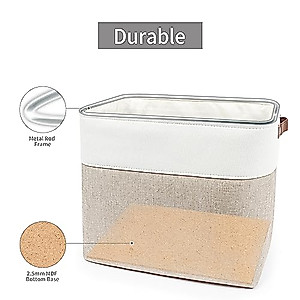 Bagnizer Large Fabric Storage Baskets | 50L Storage Bins, Decorative Linen Closet Baskets with Handles for Organizing, Shelf, Toys, Clothes, Home, Office, Nursery, 17x12x15Inches (Beige&White)