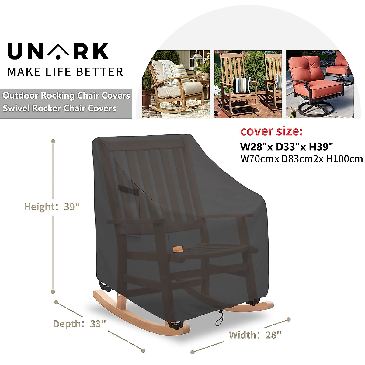 UNARK Outdoor Rocking Chair Covers 2 Pack,Waterproof Heavy Duty Outdoor Chair Covers,Swivel Chair Cover,Outdoor Swivel Rocker Chair Covers ,Outdoor Rocker Covers Waterproof (28W x 33D x 39H Inch)Black