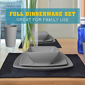 Teivio 32-piece Plastic Wheat Straw Square Dinnerware Set for 8, Unbreakable Dinner Plates, Salad Plates, Snack Bowls, Tumblers 20 oz, Dishwasher Safe, Grey