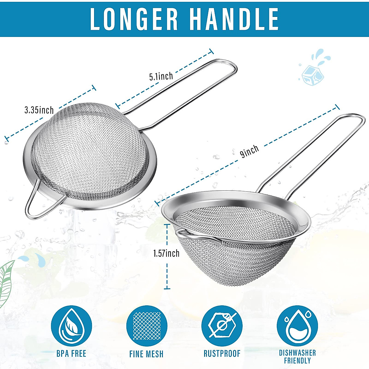 Epakh 9 Packs Stainless Steel Small Strainer, Steel Cone Shaped Cocktail Strainer for Juice, Tea Herbs, Coffee Drinks, Long Handle Coffee Food, 3.2 Inches Silver