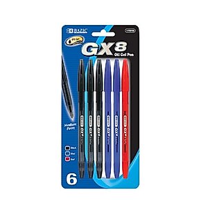 BAZIC GX-8 Assorted Color Oil-Gel Ink Pen, 6/Pack