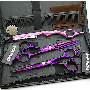 5.5 Inches Hair Cutting Scissors Set with Razor Combs Lether Scissors Case,Hair Cutting Shears Hair Thinning Shears for Personal and Professional (Voilet)