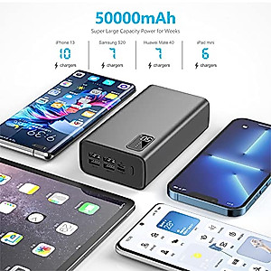 VINCOSY Power Bank 50000mAh, Mobile Phone Portable Charger 2 Input 4 USB Output 2.1A Fast Charging Large Powerbank, External Battery Pack for iPhone, Samsung, Smartphones, Tablets Etc