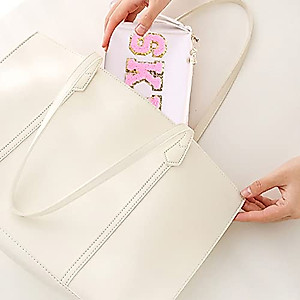 oaesc Cosmetic Bag Chenille Letter Patches Waterproof Travel Pouch PU Makeup with Wrist Strap Bags (Beige-SKIN)