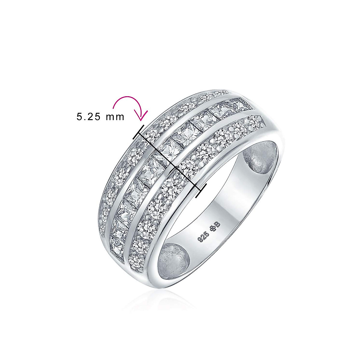 Bling Jewelry Art Deco AAA Cubic Zirconia Half Eternity Channel Set Princess Cut CZ Dome 3 Row Wide Statement Wedding Band Ring For Women .925 Sterling Silver Comfort Fit 8MM
