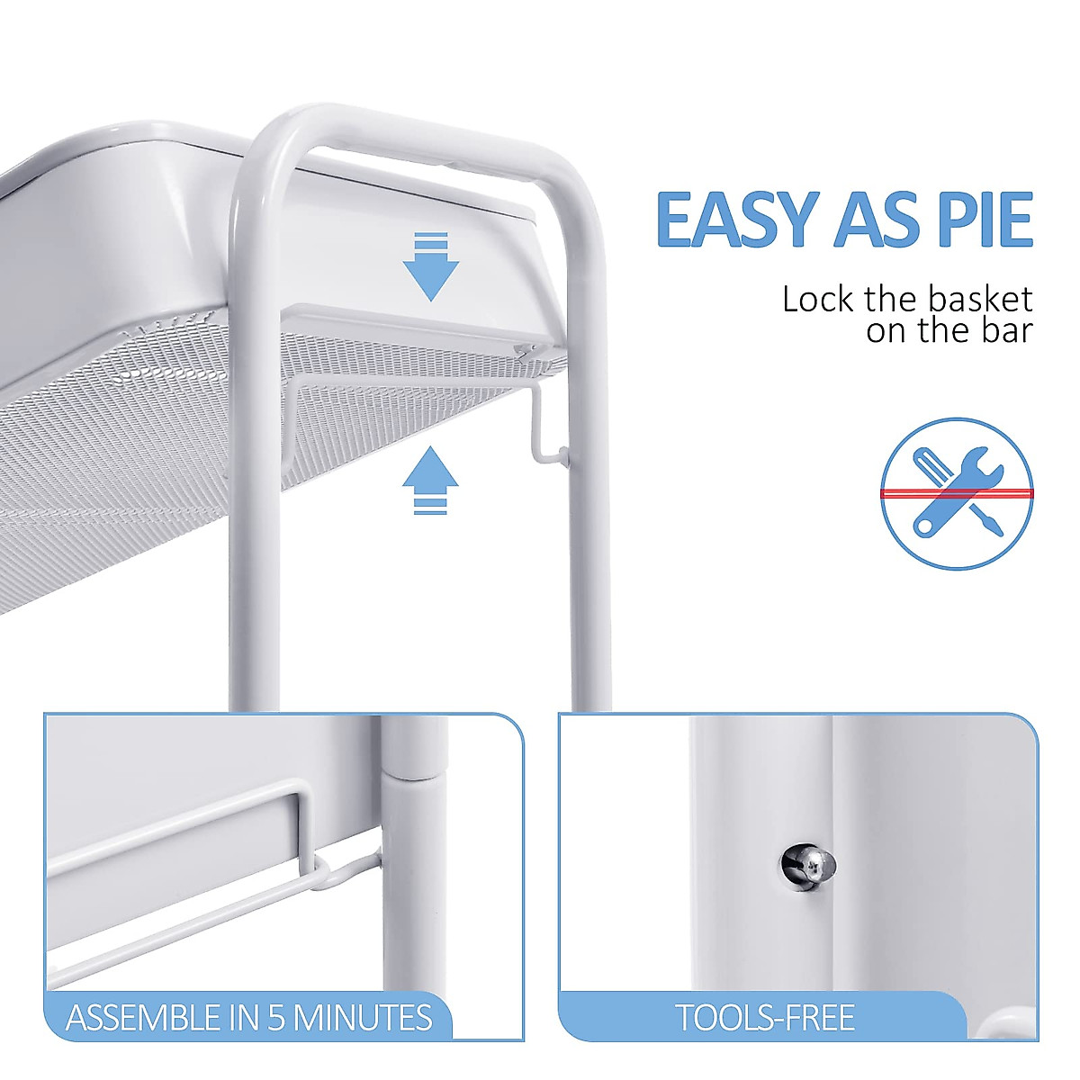 TOOLF 3-Tier Rolling Cart, Metal Utility Cart with Detachable Tray Top, Storage Craft Art Cart Trolley Organizer Serving Cart Easy Assembly for Office, Bathroom, Kitchen, Kids' Room, Classroom