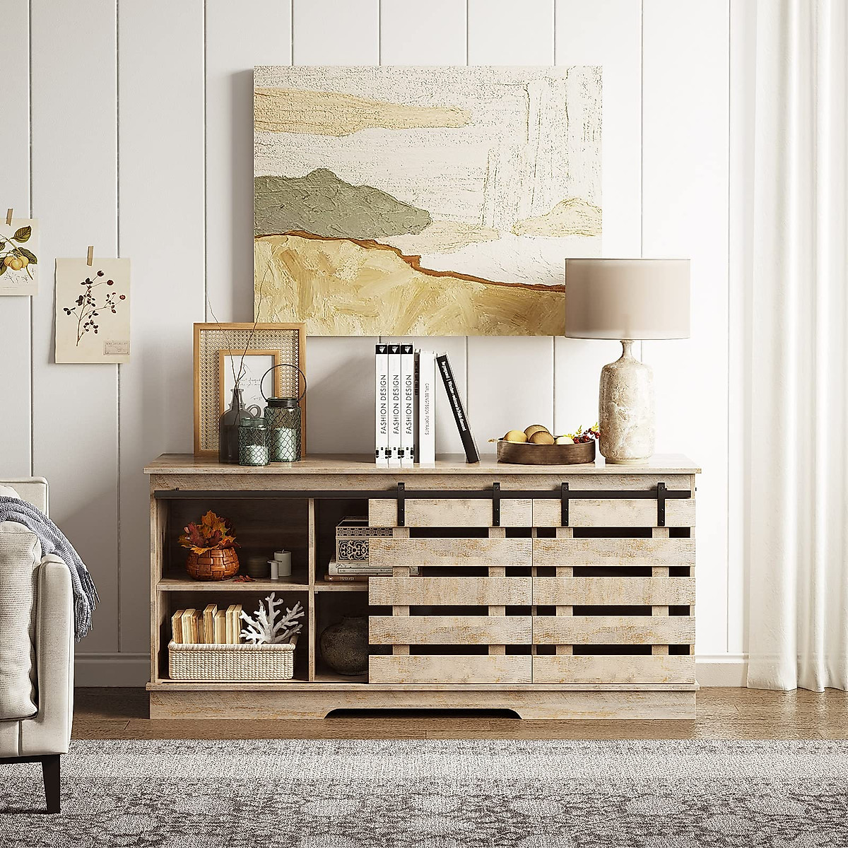 YITAHOME Farmhouse TV Stand for 65/60/ 55 Inch TV, Rustic Modern Entertainment Center for 300 lbs with Sliding Barn Door, Wood TV Media Console Storage TV Cabinet for Living Room, Grey Wash