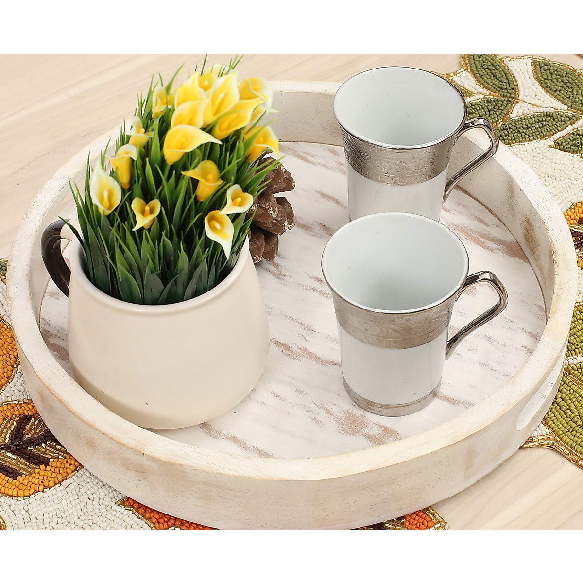 BEDDING CRAFT Set of 2 Countertop Wooden Round Fruit Baskets Decorative Coffee Table Tray – A Ideal Match for Ottoman or Side Table Charcuterie Board or Cheese Platter Kitchen General Storage Space