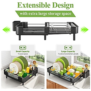 Dish Drying Rack, Kitchen Counter Dish Drainers Rack, Auto-Drain Expandable(13.2"-19.7") Stainless Steel Large Strainers Over Sink Drying Rack Drainboard with Utensil Holder Caddy Organizer, Grey