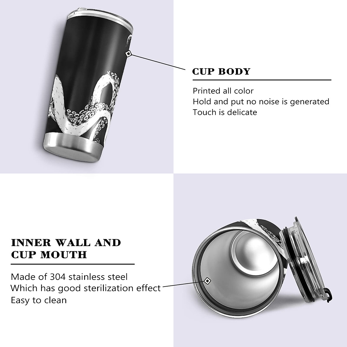 Yasala Tumbler Tentacles Octopus Black Insulated Coffee Cup Beverage Container Travel Mug with Straw and Lid Double Wall Stainless Steel 20oz BPA-Free for Sport, Back to School