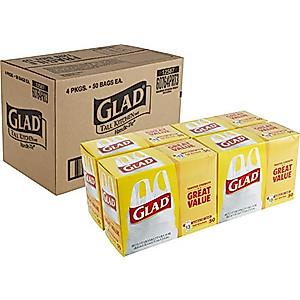 GLAD Tall Kitchen Trash Bags, 13 Gallon Handle Tie Trash Big for Kitchen, Unscented, 50 Count (Pack of 4)