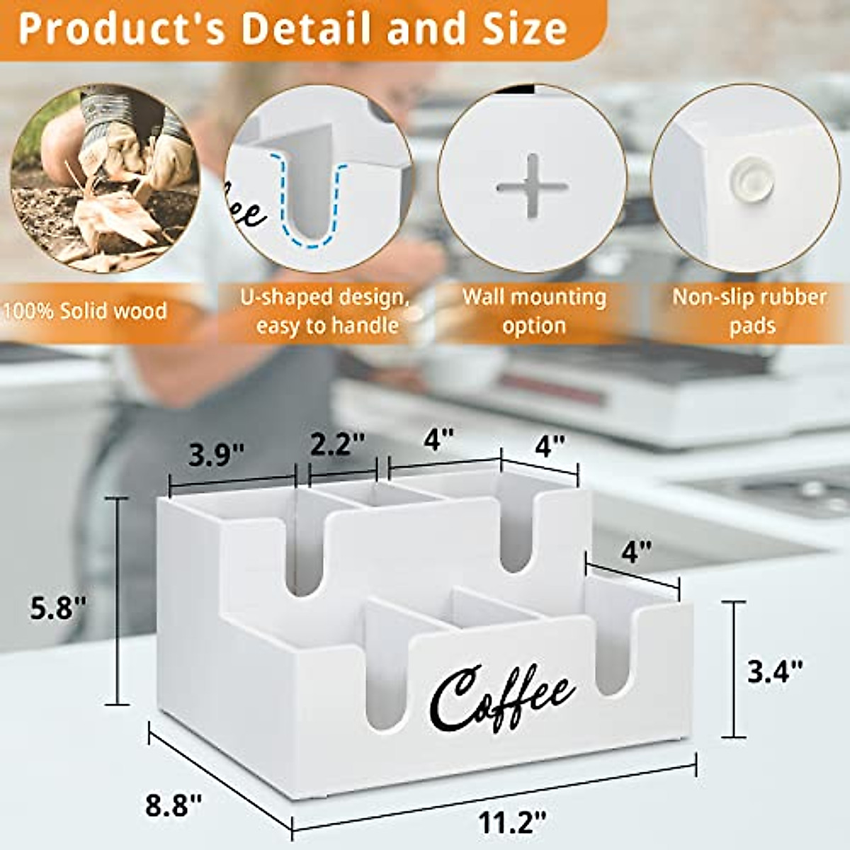 Disposable Coffee Cup Dispenser Lid Holder for Counter, Wood 6 Compartments Coffee Station Organizer for Cup Lid Sleeve Pods Condiment, Paper Cup Dispenser Coffee Bar Accessories Storage Organizer