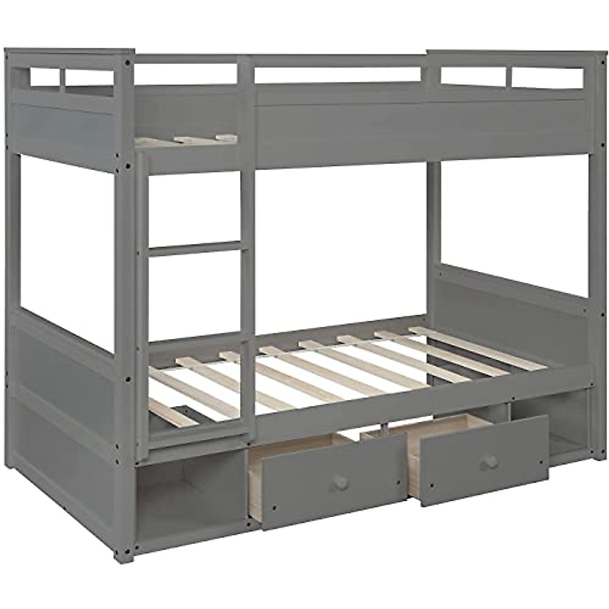 ATH-S Twin Over Twin Bunk Bed, Bunk Bed Frame with Storage Drawers, Wooden Twin bunk Bed with Safety Rail Ladder, Grey (Color : Grey with Trundle, Size : Full Over Full)