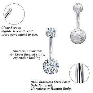 14G Belly Button Rings Belly Rings for Women Men Stainless Steel CZ Belly Piercing Jewelry Surgical Steel Clicker Belly Button rings Curved Navel Ring Barbell Body Jewelry Piercing Silver 14mm 6Pcs