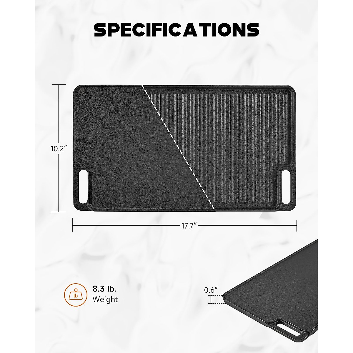 DARTMOOR 2-in-1 Reversible Cast Iron Griddle, 18 in Pre-Seasoned Cast Iron Grill Pan with Pan Scrapers, Double Side Rectangular Frying Pan with Non-Stick Surface, Indoor & Outdoor Use