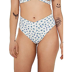 Victoria's Secret Pink V Crossover High Waisted Bikini Bottom, Swimsuit for Women, Moderate Coverage Bathing Suit Bottoms for Women, Morning Sky Floral (M)