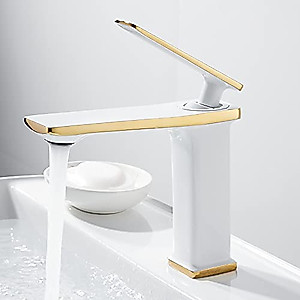 Bathroom Sink Faucet, Brass Black Gold Basin Faucet Bathroom Sink Faucets Hot Cold Water Mixer Crane Deck Mounted Single Handle Hole Bath Kitchen Tap (Color : White and Gold)