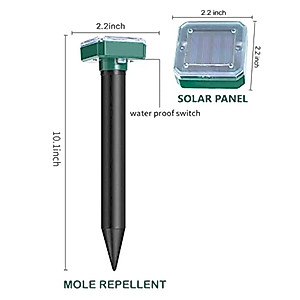 Solar Powered Mole Repellent Stakes - Safe and Quiet Ultrasonic Outdoor Pest Repellent Spike for Gopher, Vole, Groundhog and Shrews - Waterproof Outdoor Pest Deterrent for Lawn and Garden - 4 Pack