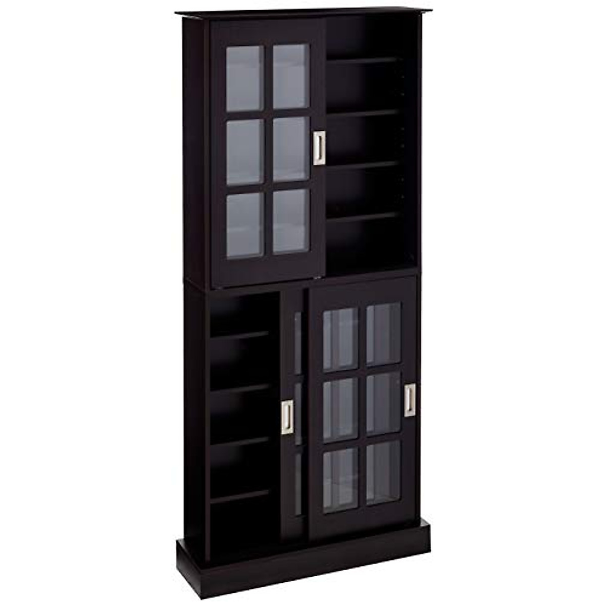 Atlantic Windowpane Media/Storage Cabinet - Tempered Glass Pane Sliding Doors, Stores Optical Media Like CD/DVD/BD/Game Discs, Collectables & Memorabilia Collections, PN 94835757 in Espresso